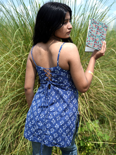 Ira Short Kurti | Blue Backless Kurti with White Floral Prints – Rajam ...